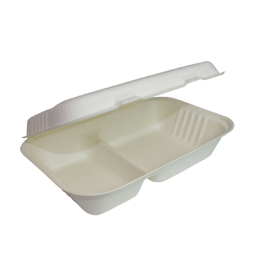 9 x 6 x 3" Bagasse Clamshell Containers, 2 Compartments - White ...